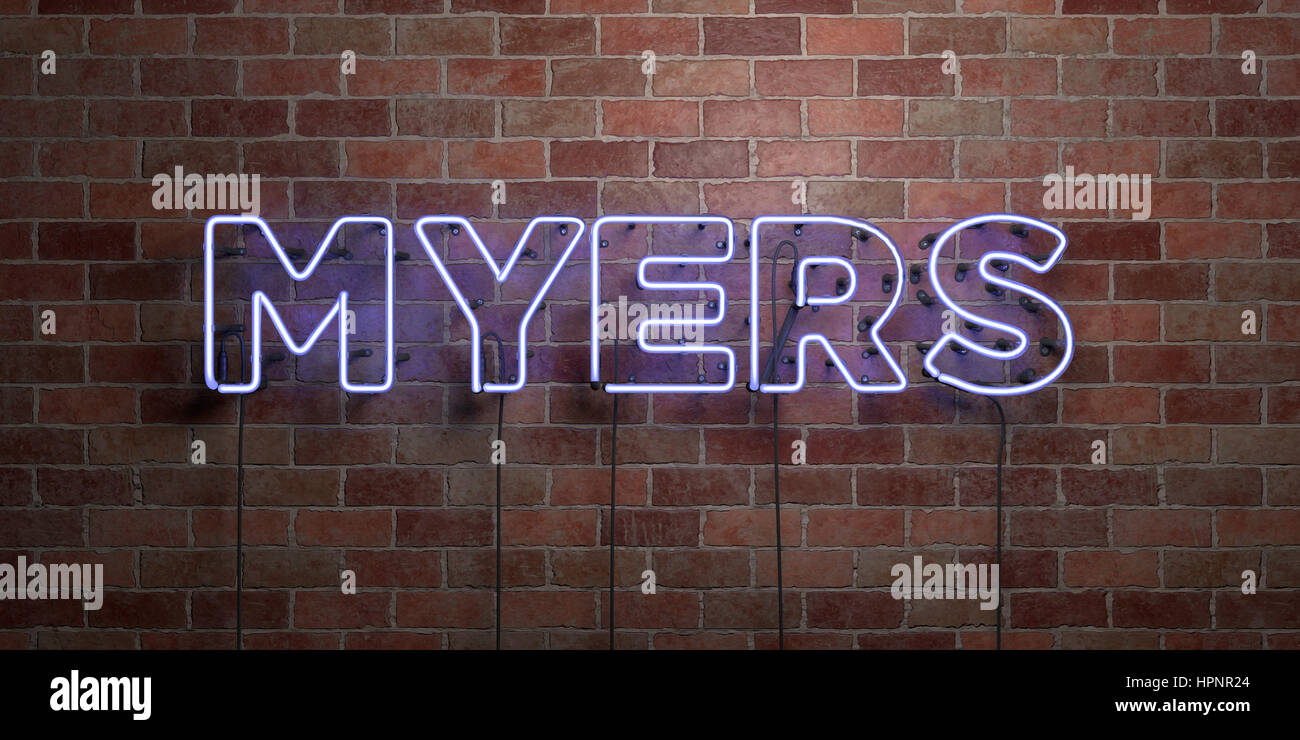 MYERS - fluorescent Neon tube Sign on brickwork - Front view - 3D ...