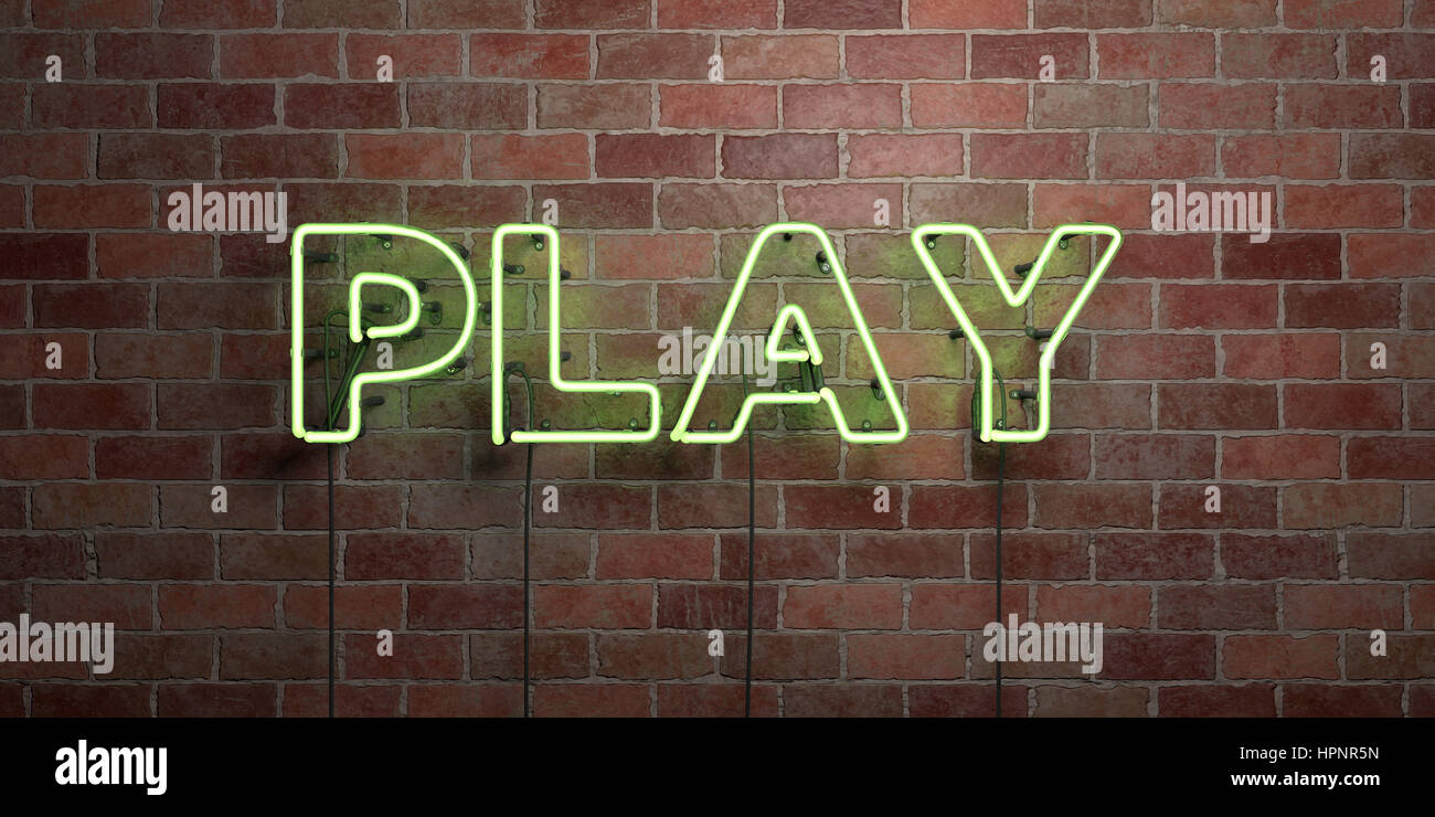 PLAY - fluorescent Neon tube Sign on brickwork - Front view - 3D ...