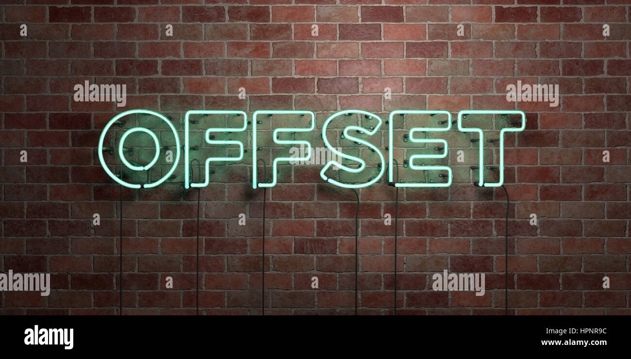 OFFSET - fluorescent Neon tube Sign on brickwork - Front view - 3D ...