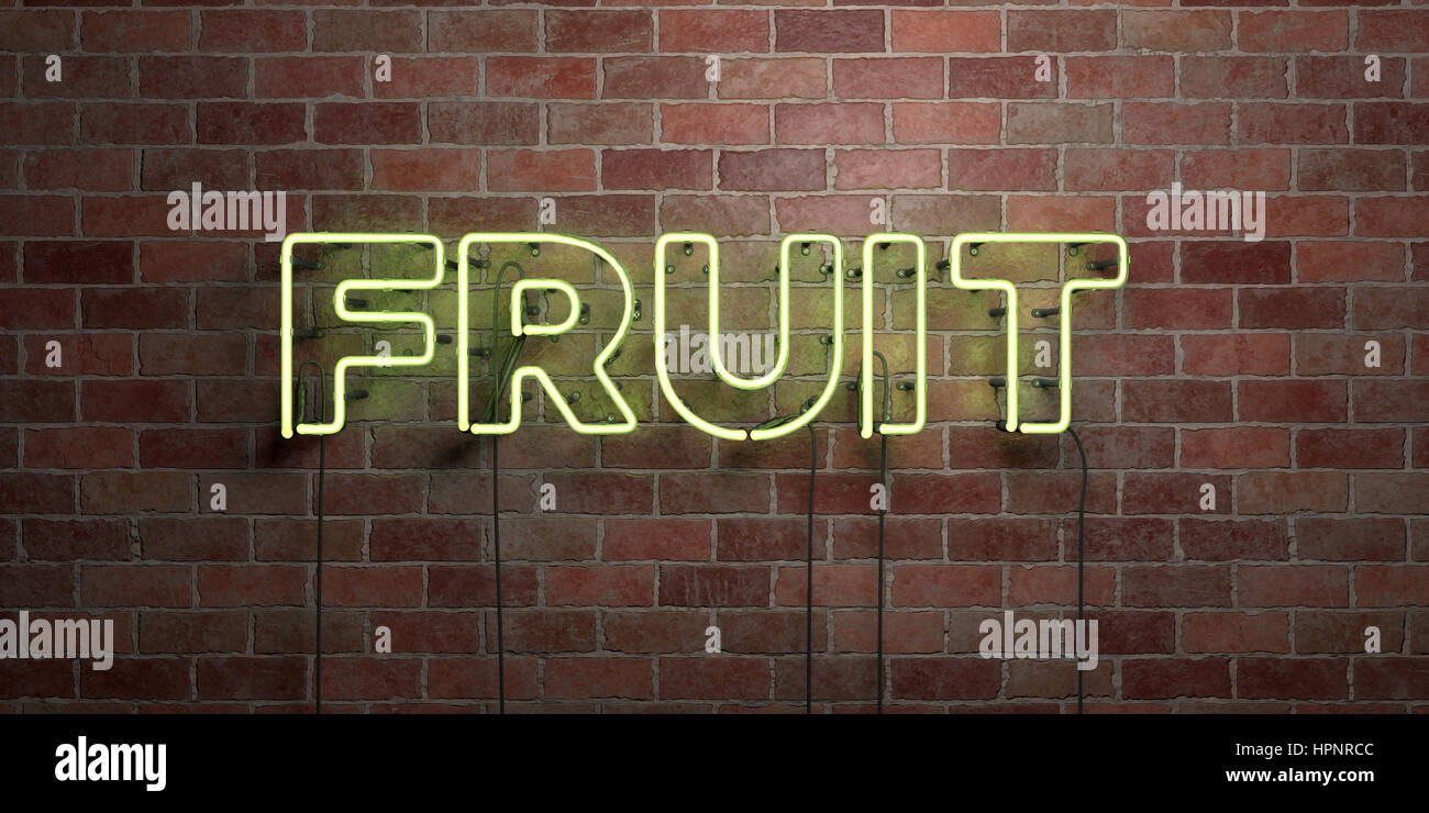FRUIT - fluorescent Neon tube Sign on brickwork - Front view - 3D ...