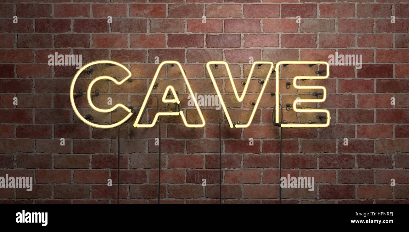 CAVE - fluorescent Neon tube Sign on brickwork - Front view - 3D ...