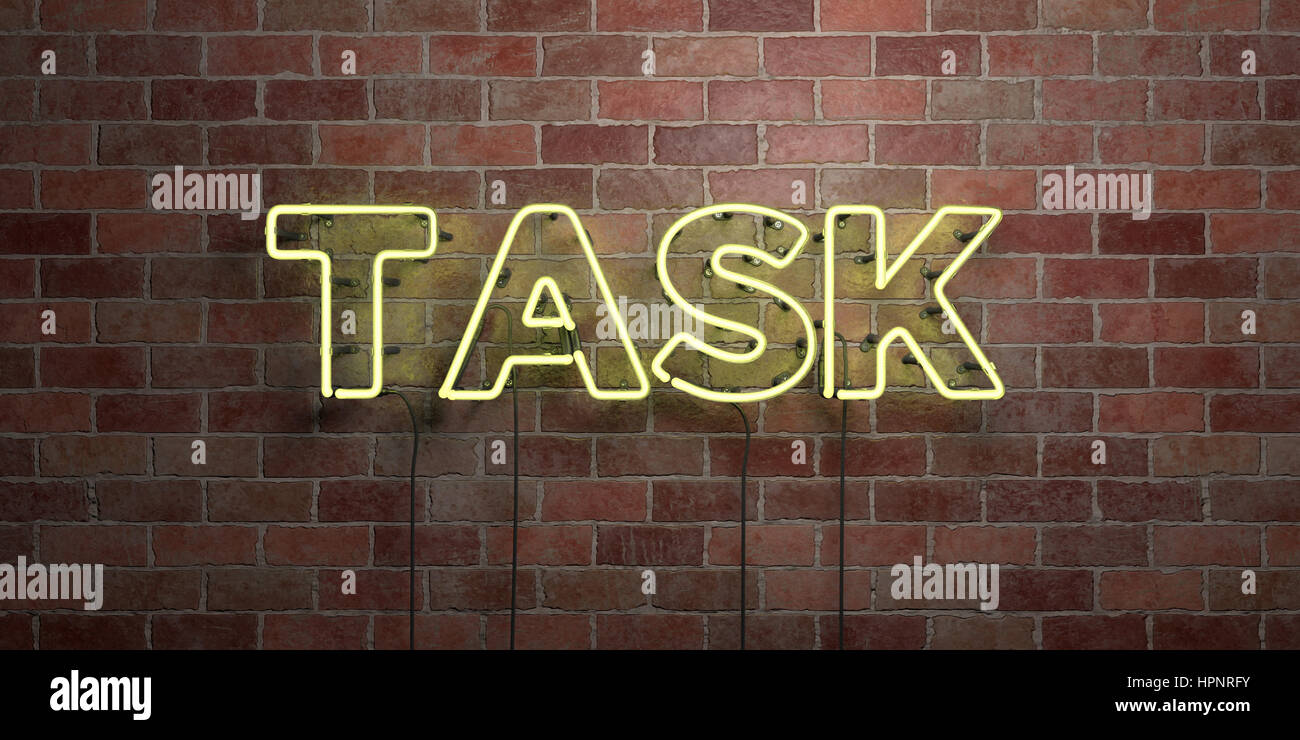 TASK - fluorescent Neon tube Sign on brickwork - Front view - 3D ...