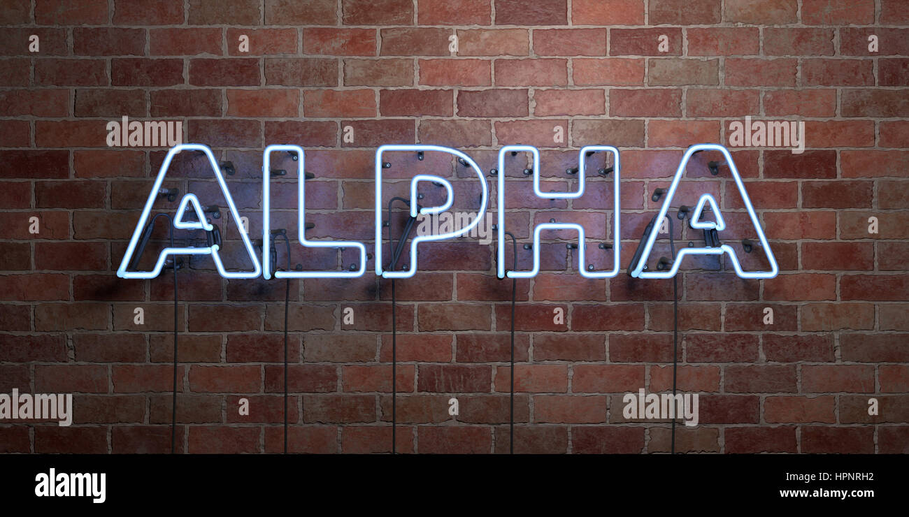 ALPHA - fluorescent Neon tube Sign on brickwork - Front view - 3D ...