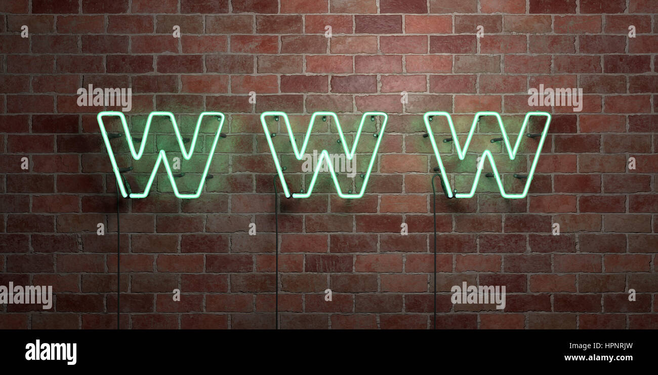 W W W - fluorescent Neon tube Sign on brickwork - Front view - 3D ...