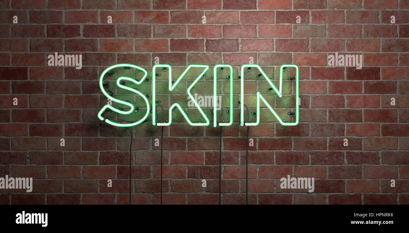 SKIN - fluorescent Neon tube Sign on brickwork - Front view - 3D ...
