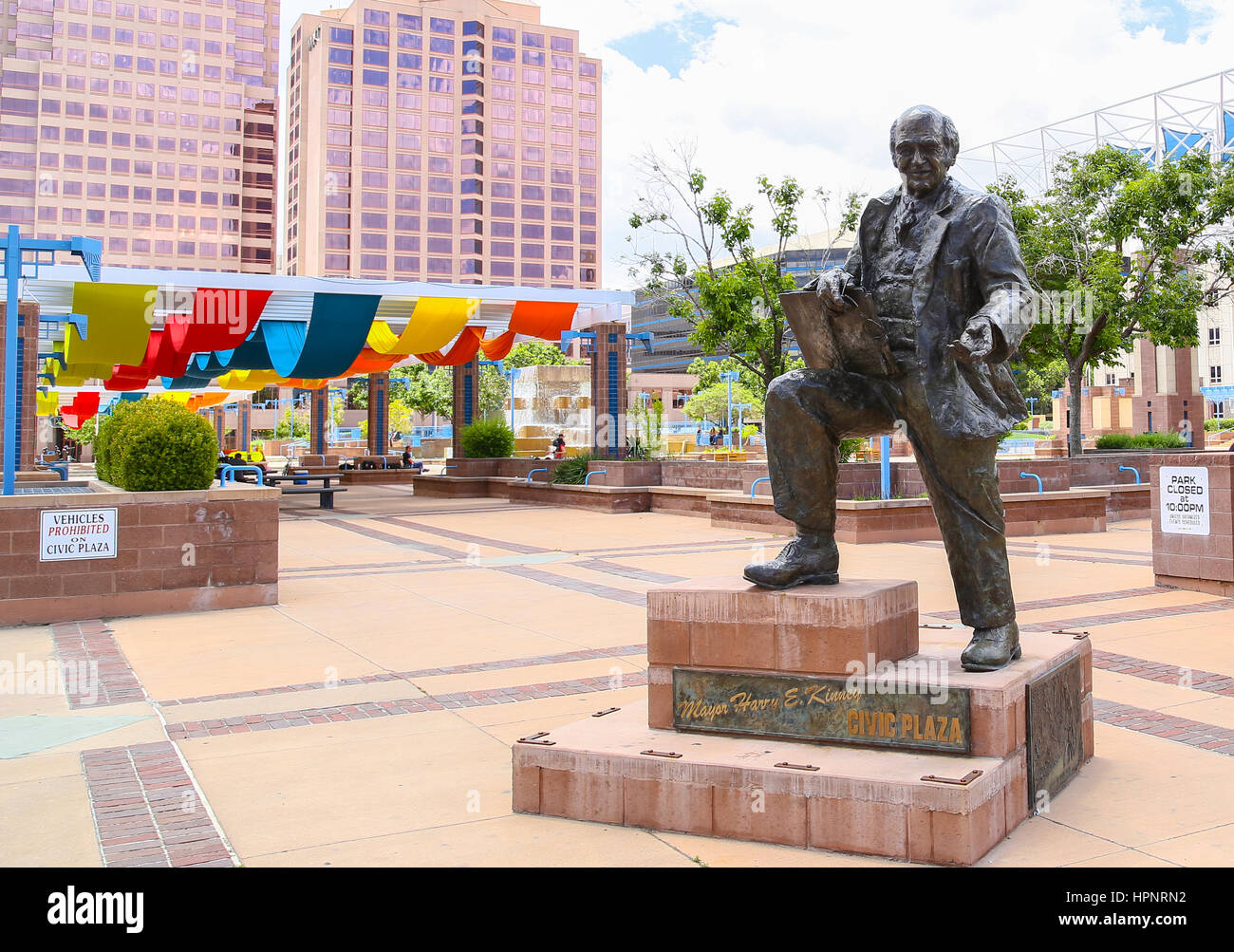 ALBUQUERQUE, USA - MAY 24, 2015: The Civic Plaza with a statue of the ...