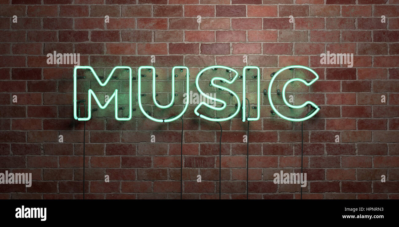 MUSIC - fluorescent Neon tube Sign on brickwork - Front view - 3D ...