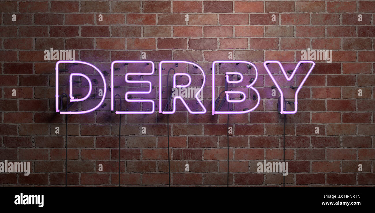 DERBY - fluorescent Neon tube Sign on brickwork - Front view - 3D ...