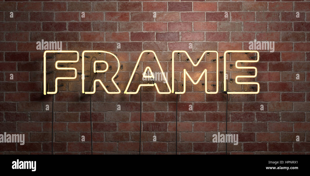 FRAME - fluorescent Neon tube Sign on brickwork - Front view - 3D ...