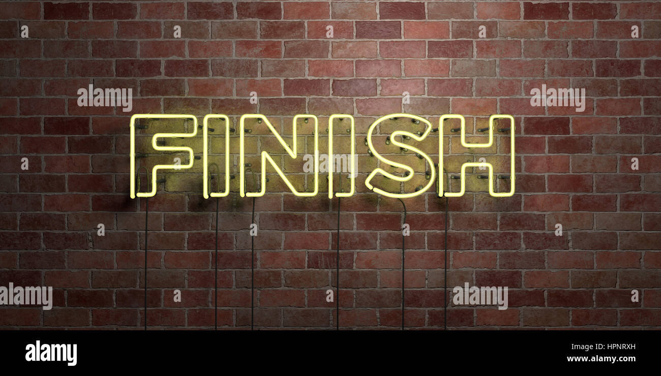 FINISH - fluorescent Neon tube Sign on brickwork - Front view - 3D ...