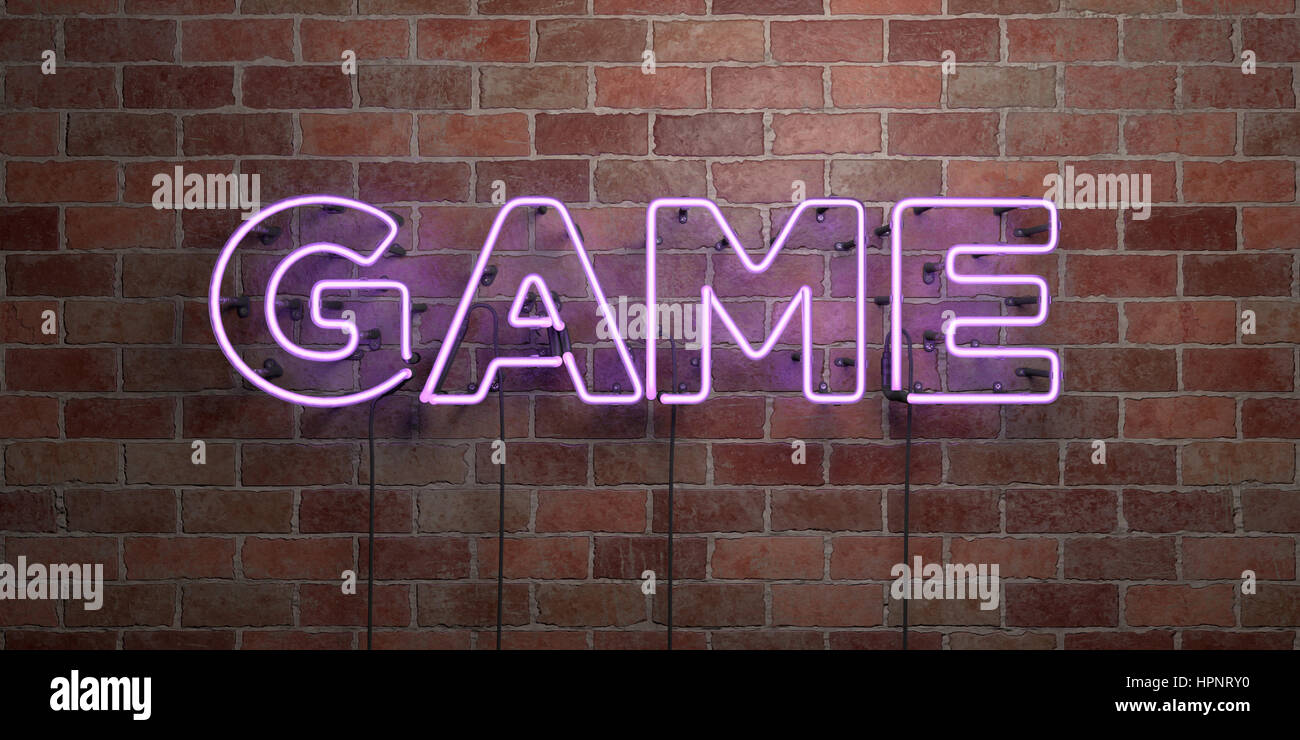 GAME - fluorescent Neon tube Sign on brickwork - Front view - 3D ...