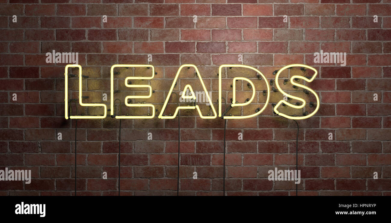 LEADS - fluorescent Neon tube Sign on brickwork - Front view - 3D ...