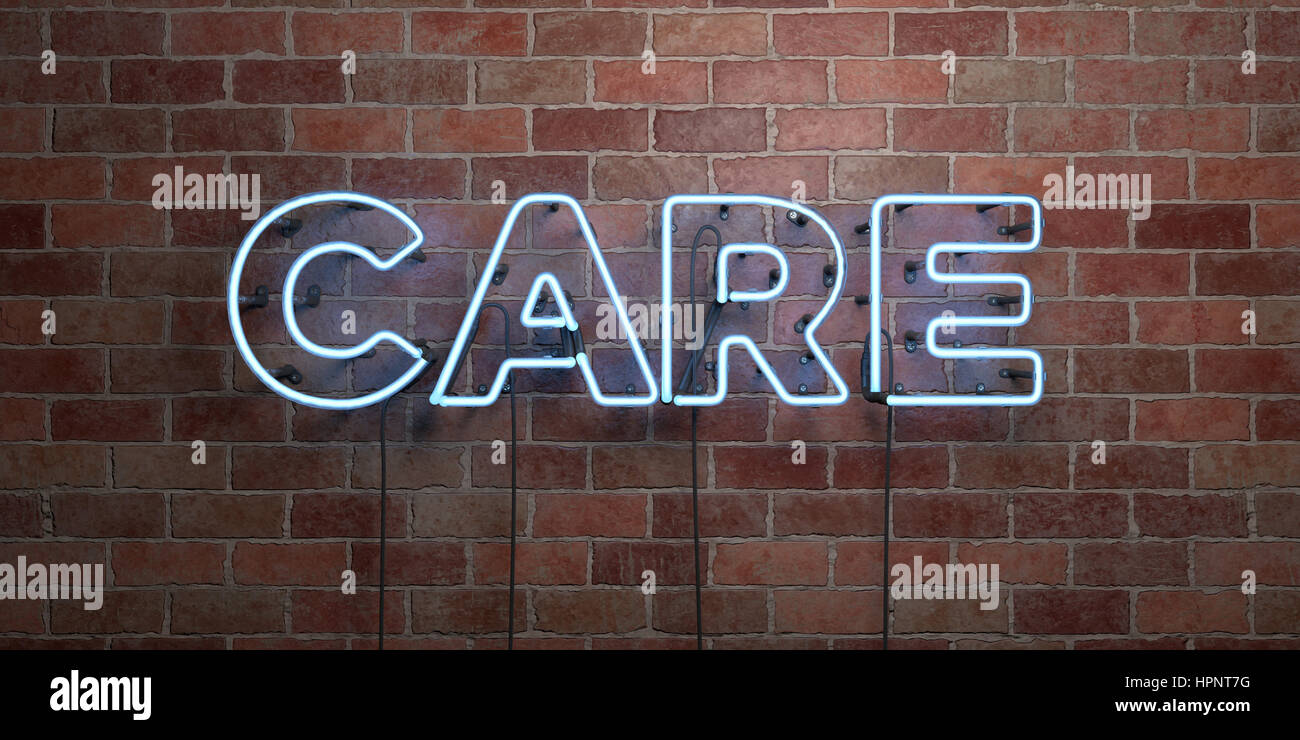 CARE - fluorescent Neon tube Sign on brickwork - Front view - 3D ...