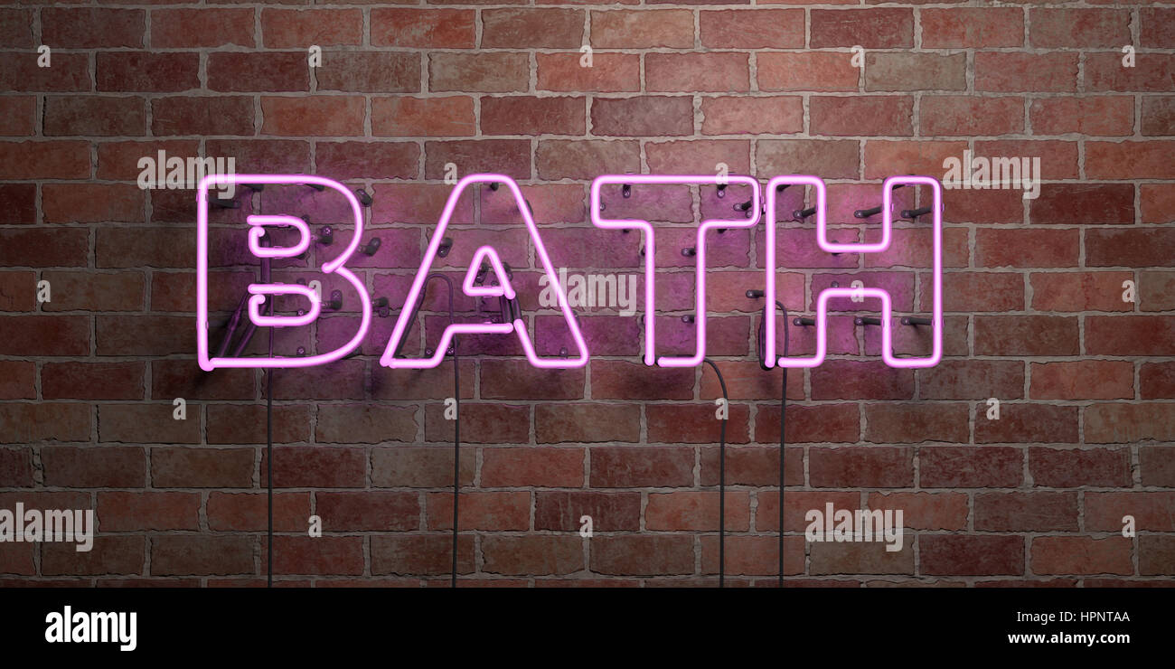 BATH - fluorescent Neon tube Sign on brickwork - Front view - 3D ...