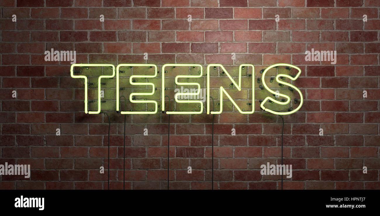 TEENS - fluorescent Neon tube Sign on brickwork - Front view - 3D ...