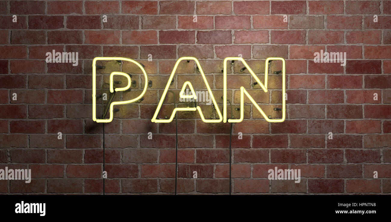 PAN - fluorescent Neon tube Sign on brickwork - Front view - 3D ...