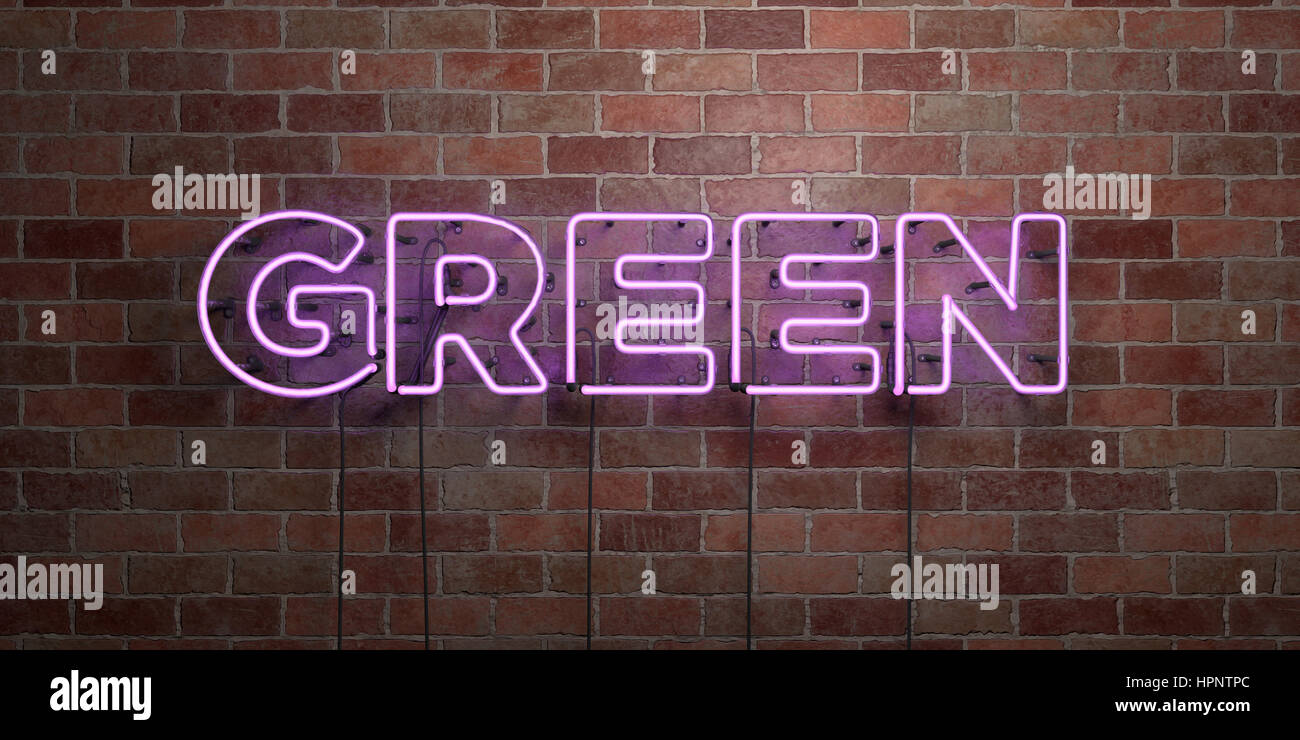 GREEN - fluorescent Neon tube Sign on brickwork - Front view - 3D ...