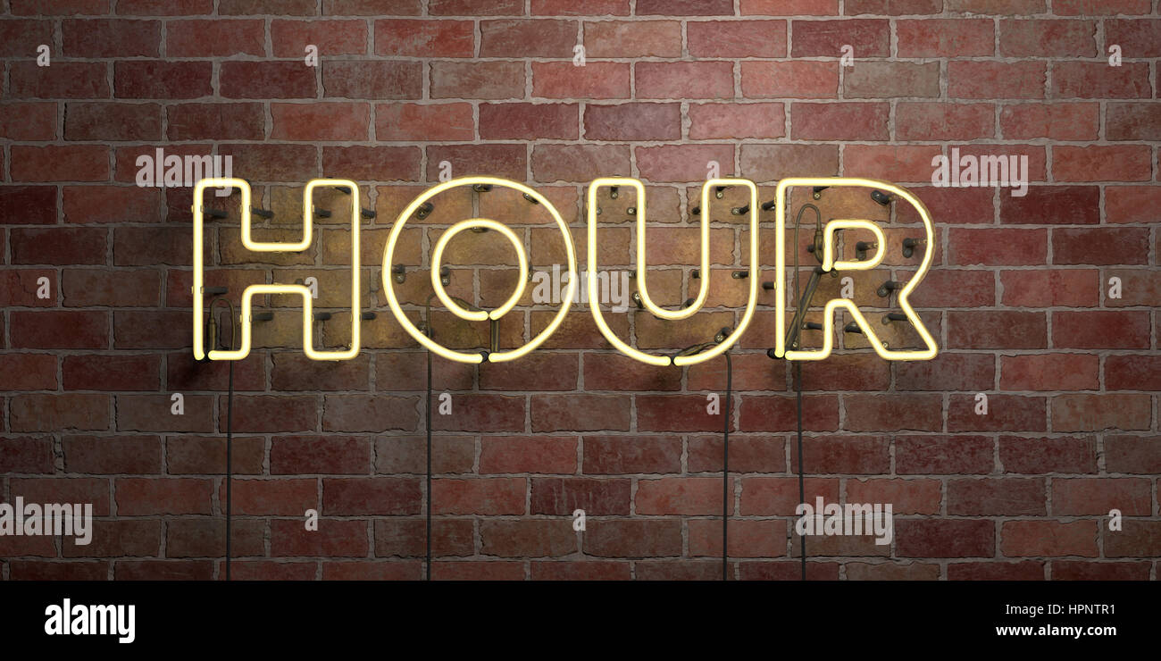 HOUR - fluorescent Neon tube Sign on brickwork - Front view - 3D ...