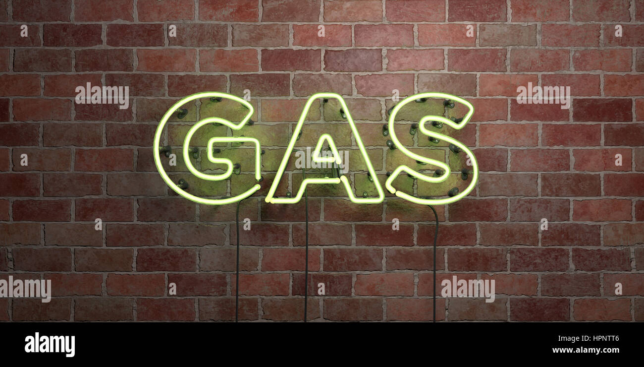GAS - fluorescent Neon tube Sign on brickwork - Front view - 3D ...