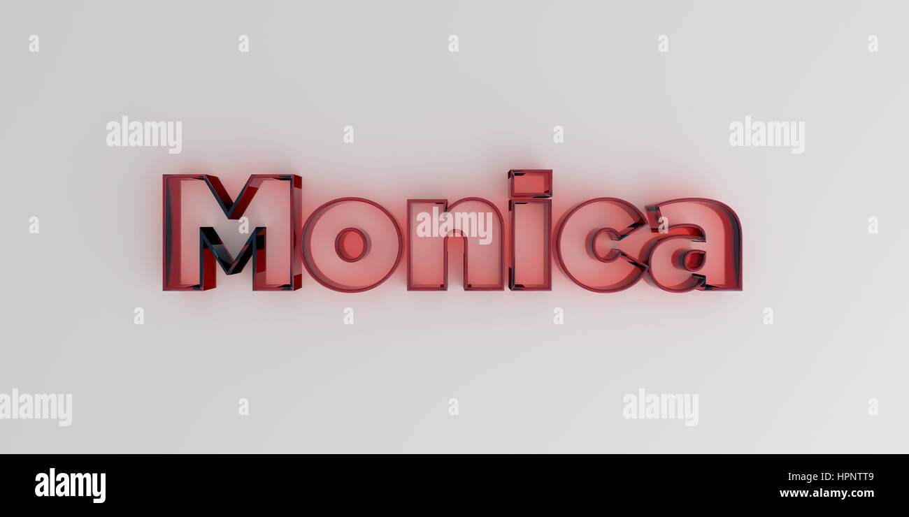 Monica - Red glass text on white background - 3D rendered royalty free ...
