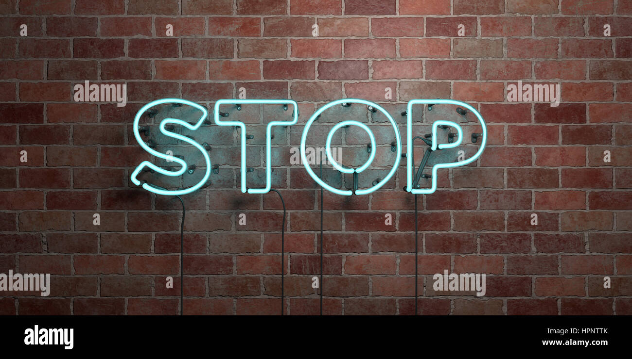 STOP - fluorescent Neon tube Sign on brickwork - Front view - 3D ...