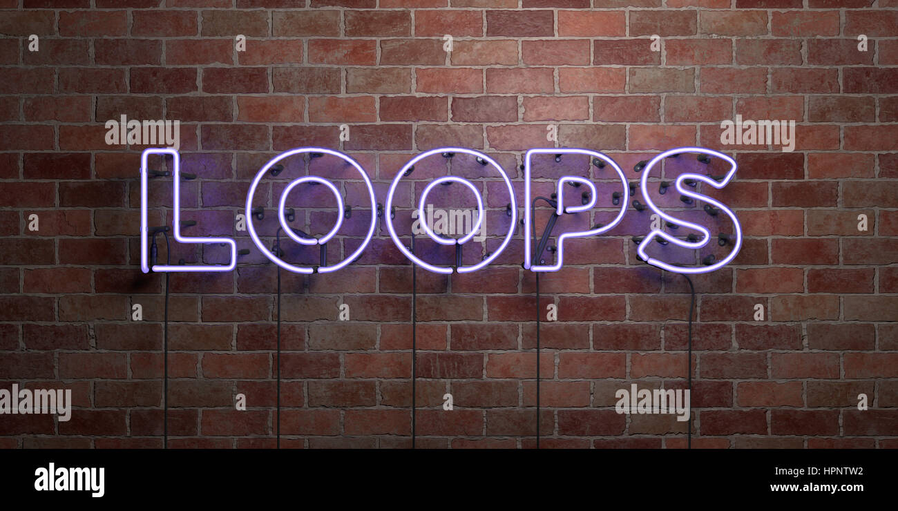 LOOPS - fluorescent Neon tube Sign on brickwork - Front view - 3D ...