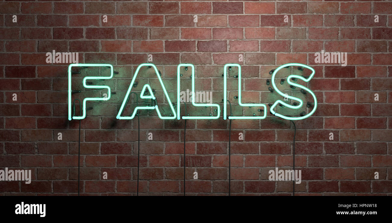 FALLS - fluorescent Neon tube Sign on brickwork - Front view - 3D ...