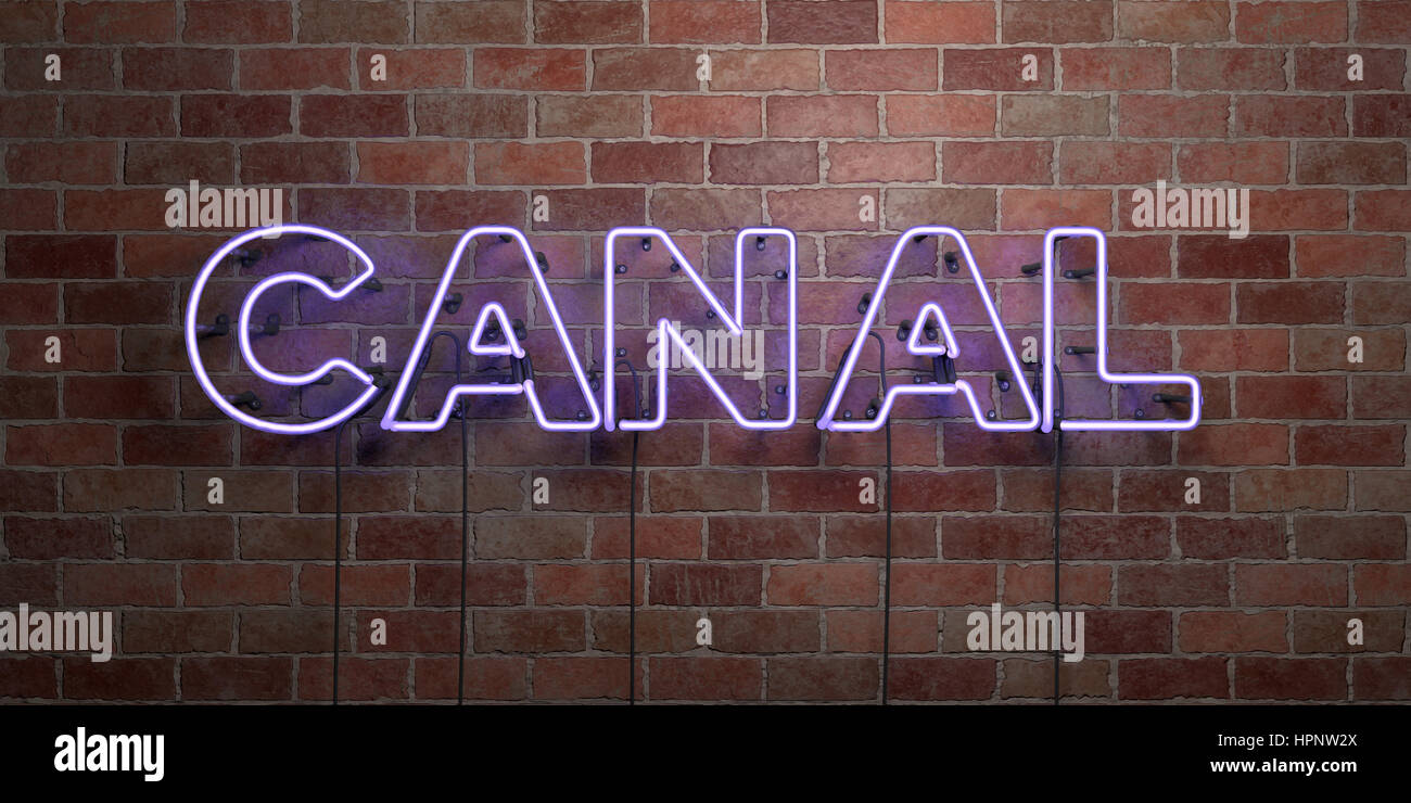 CANAL - fluorescent Neon tube Sign on brickwork - Front view - 3D ...