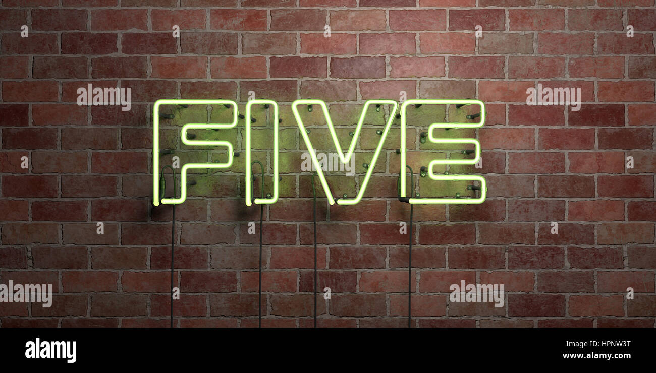FIVE - fluorescent Neon tube Sign on brickwork - Front view - 3D ...