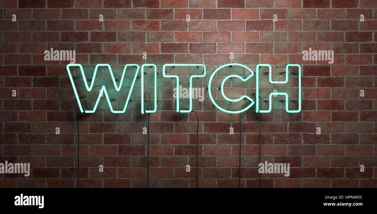 WITCH - fluorescent Neon tube Sign on brickwork - Front view - 3D ...