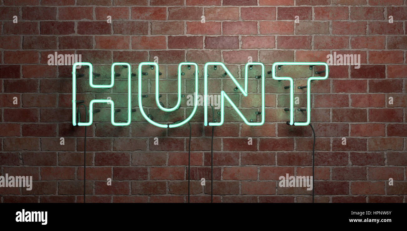 HUNT - fluorescent Neon tube Sign on brickwork - Front view - 3D ...