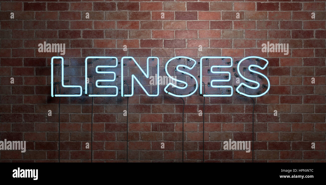 LENSES - fluorescent Neon tube Sign on brickwork - Front view - 3D ...