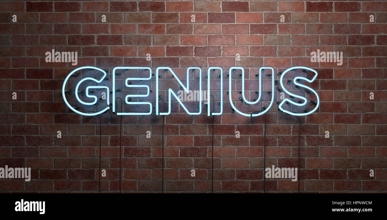 GENIUS - fluorescent Neon tube Sign on brickwork - Front view - 3D ...