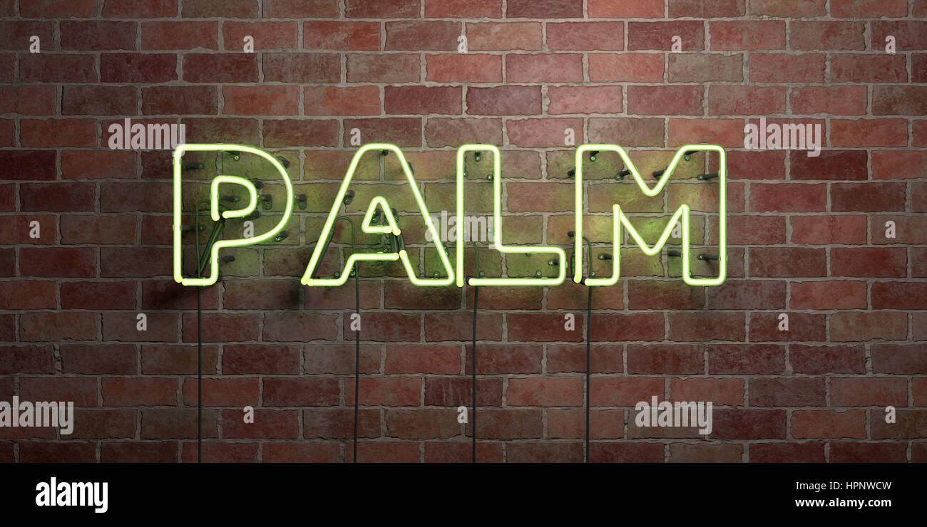 PALM - fluorescent Neon tube Sign on brickwork - Front view - 3D ...