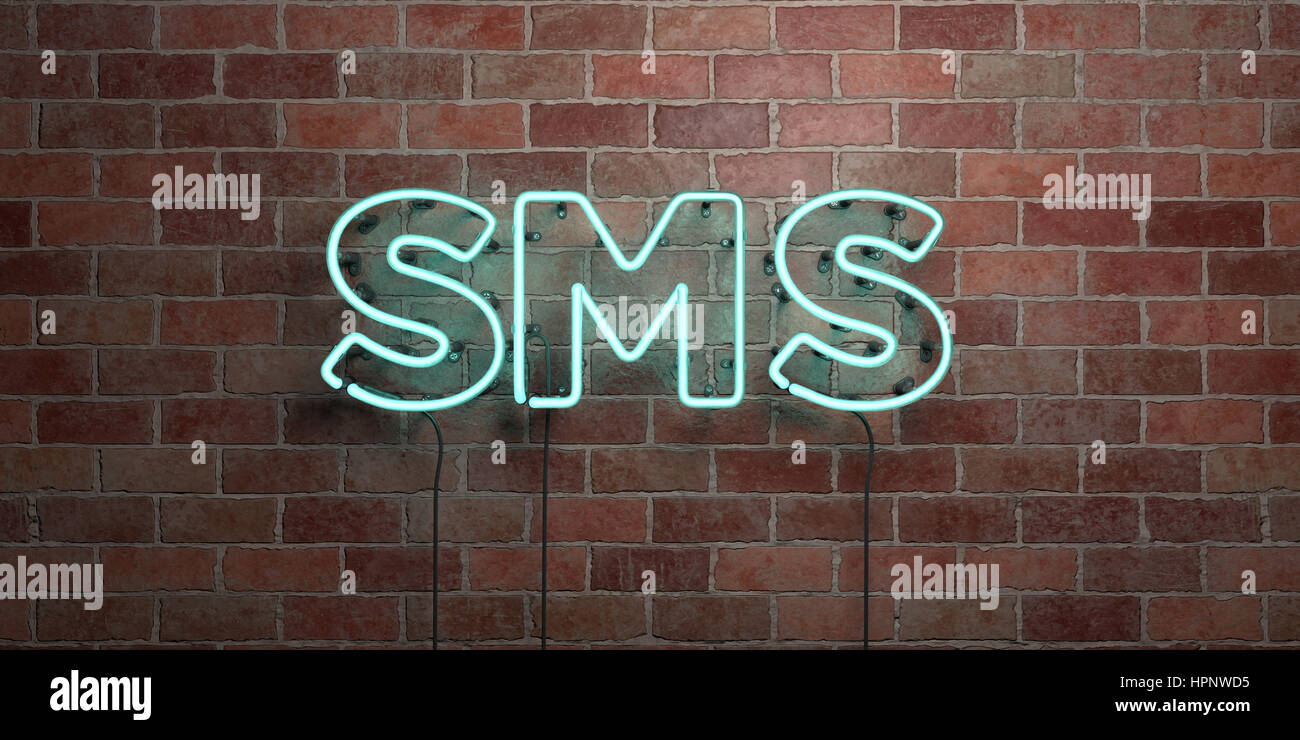 SMS - fluorescent Neon tube Sign on brickwork - Front view - 3D ...