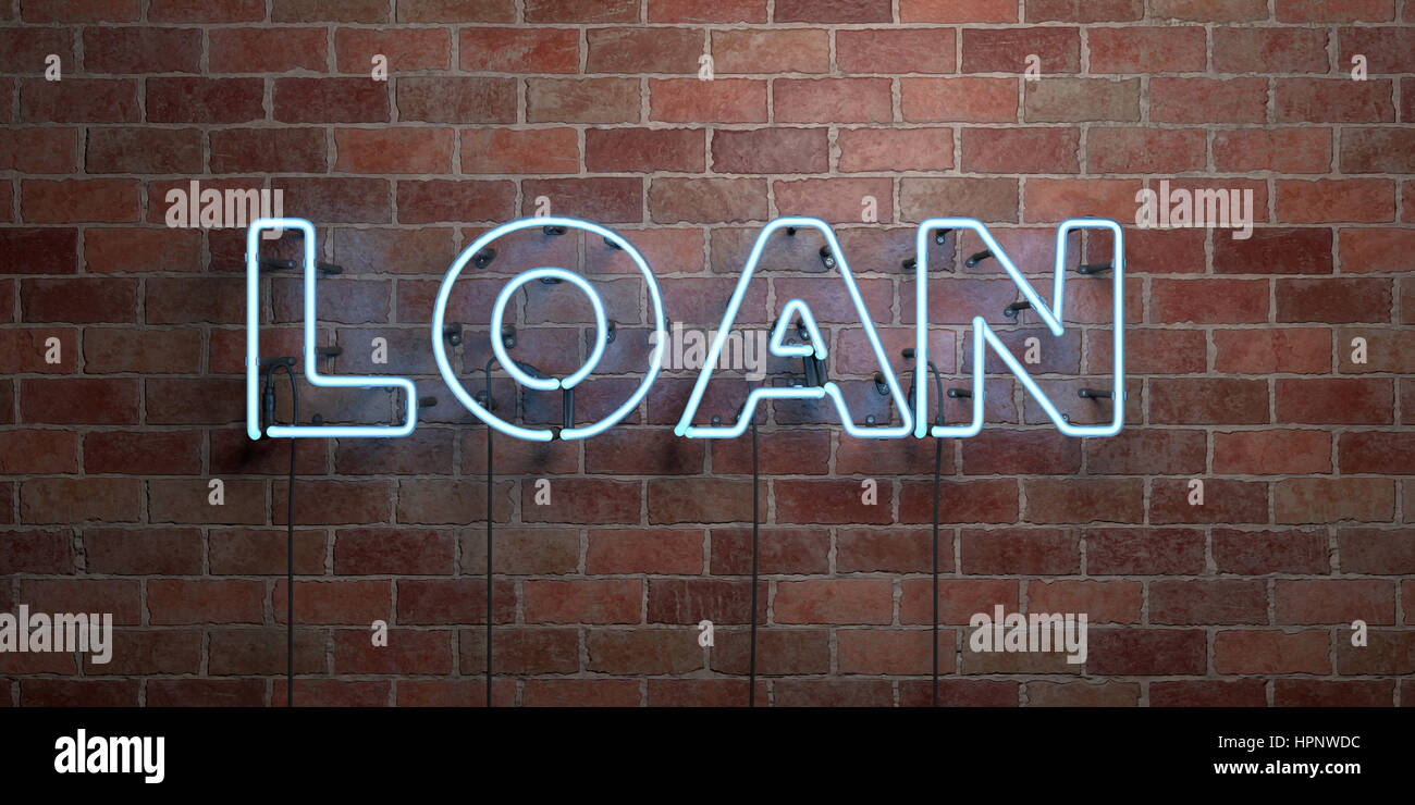 LOAN - fluorescent Neon tube Sign on brickwork - Front view - 3D ...