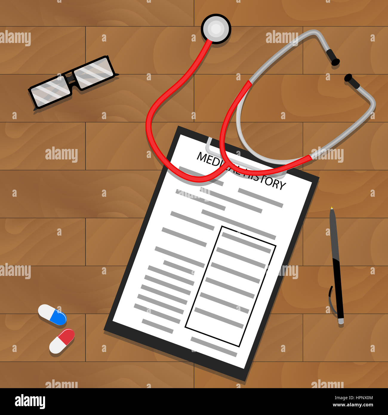 Treatment of patient on medical history. Medication top view, health ...