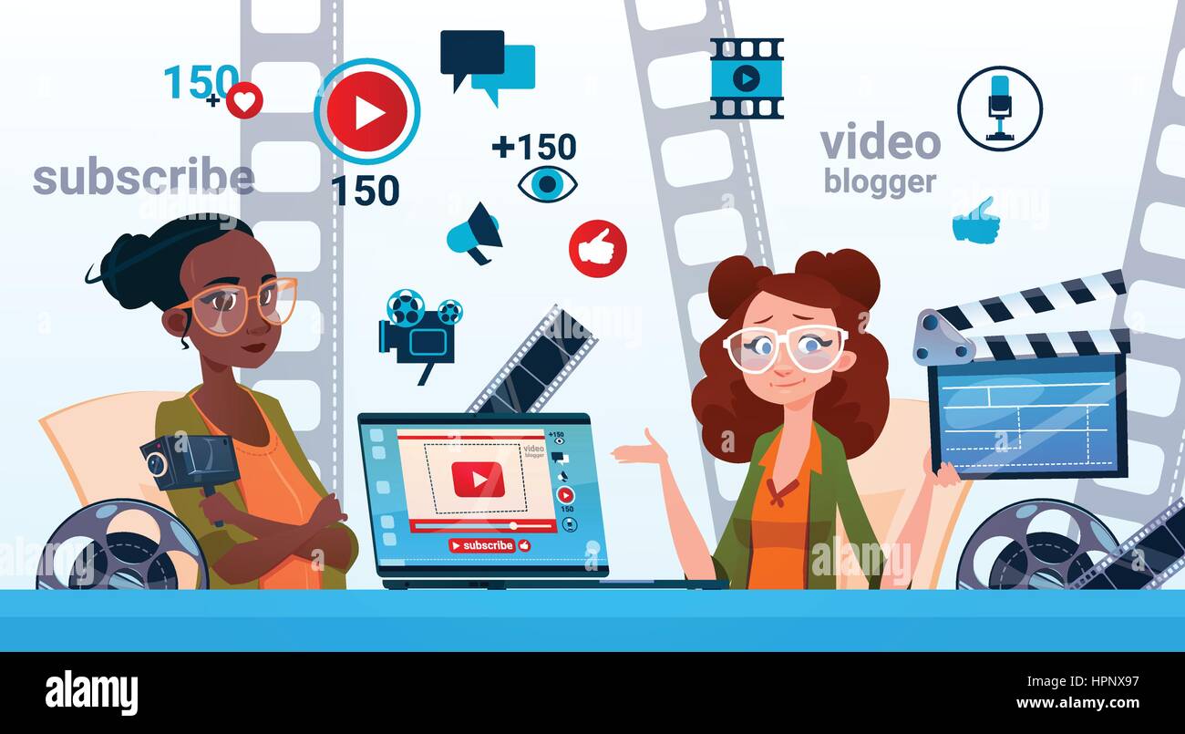 Two Woman Video Blogger Online Stream Blogging Subscribe Concept Stock ...