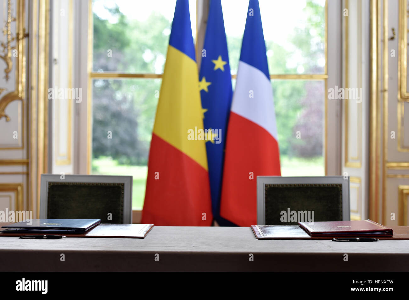 European Union and Romania flags during a treaty sign Stock Photo - Alamy