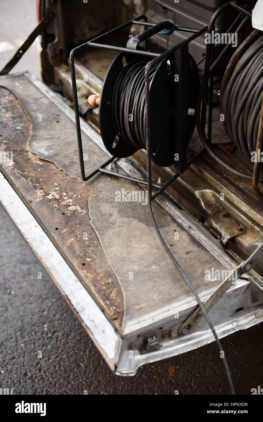 Detail with television camera cable roll in a trunk Stock Photo - Alamy