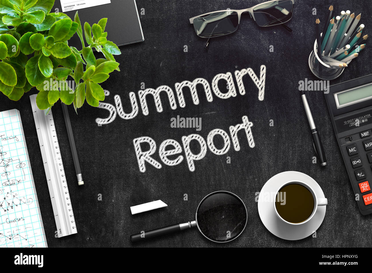 Summary Report Concept on Black Chalkboard. 3D Rendering Stock Photo ...
