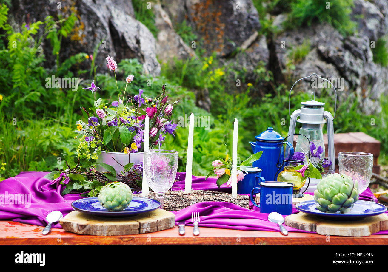 Wedding table setting decorated in rustic style. Mountains view Stock ...