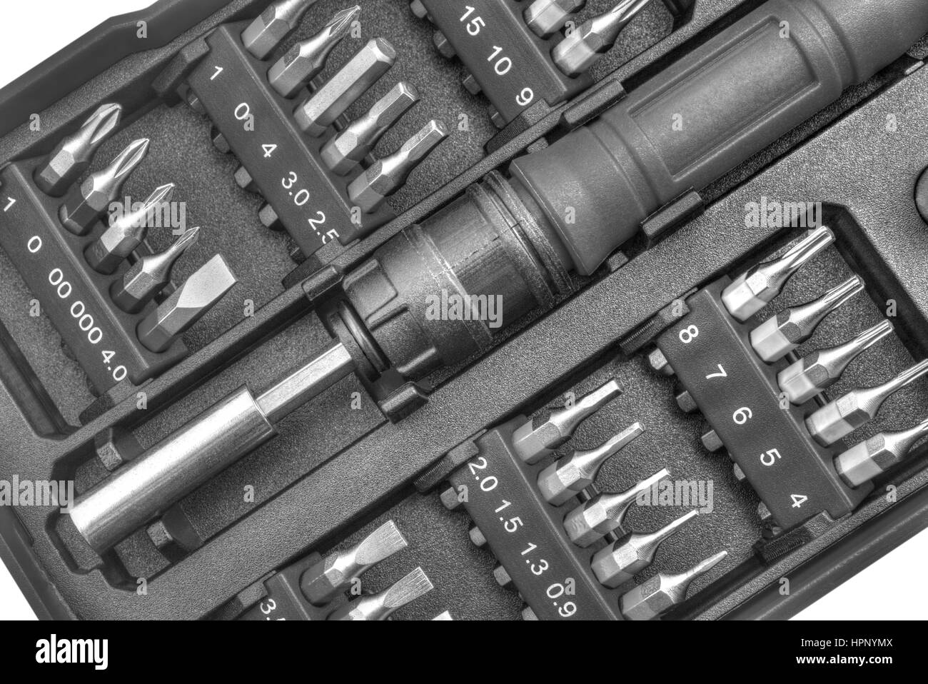 Mechanical bit tool set in black and white closeup Stock Photo - Alamy