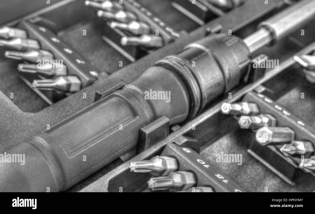 Mechanical bit tool set in black and white closeup Stock Photo - Alamy