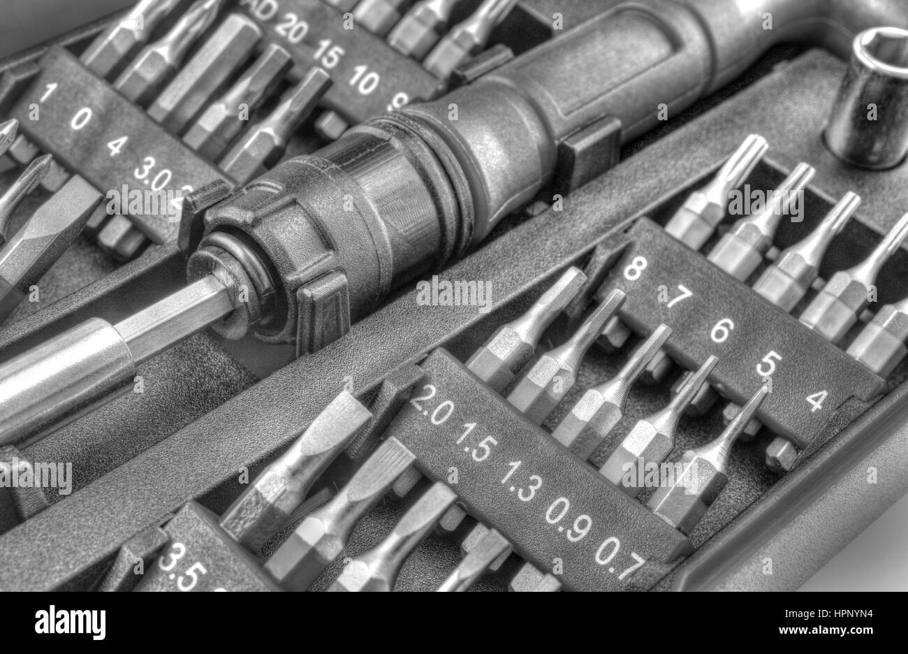 Mechanical bit tool set in black and white closeup Stock Photo - Alamy