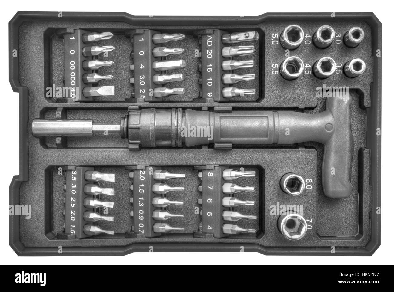 Mechanical bit tool set in black and white closeup Stock Photo - Alamy