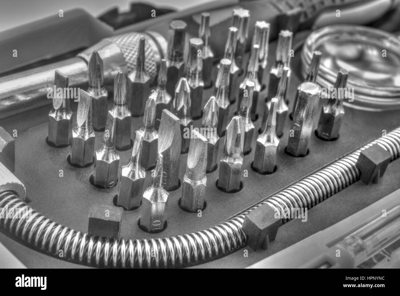 Mechanical bit tool set in black and white closeup Stock Photo - Alamy