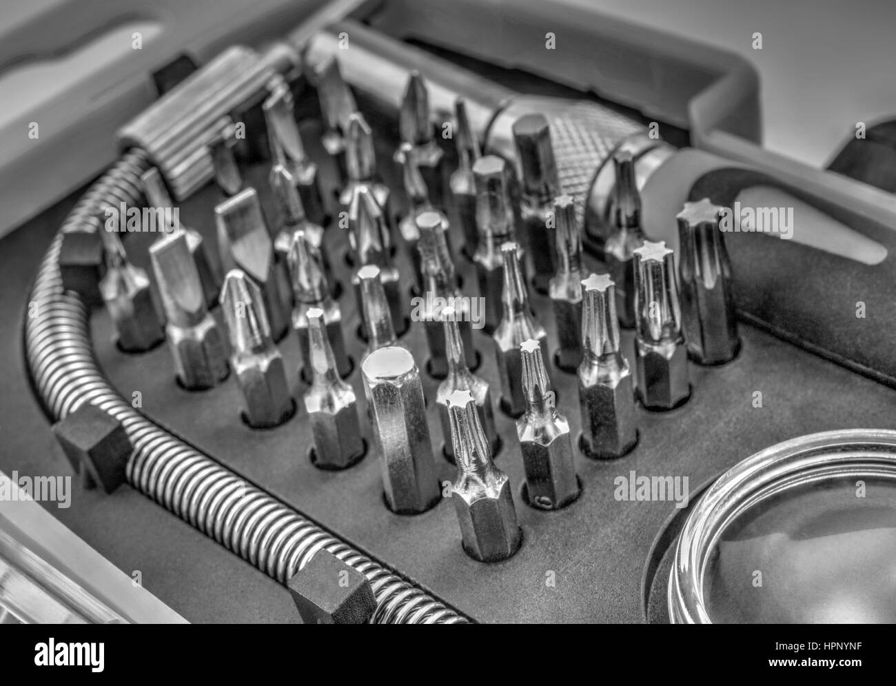 Mechanical bit tool set in black and white closeup Stock Photo - Alamy
