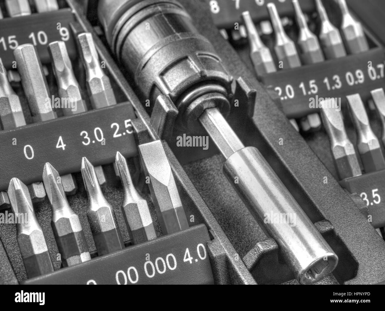 Mechanical bit tool set in black and white closeup Stock Photo - Alamy