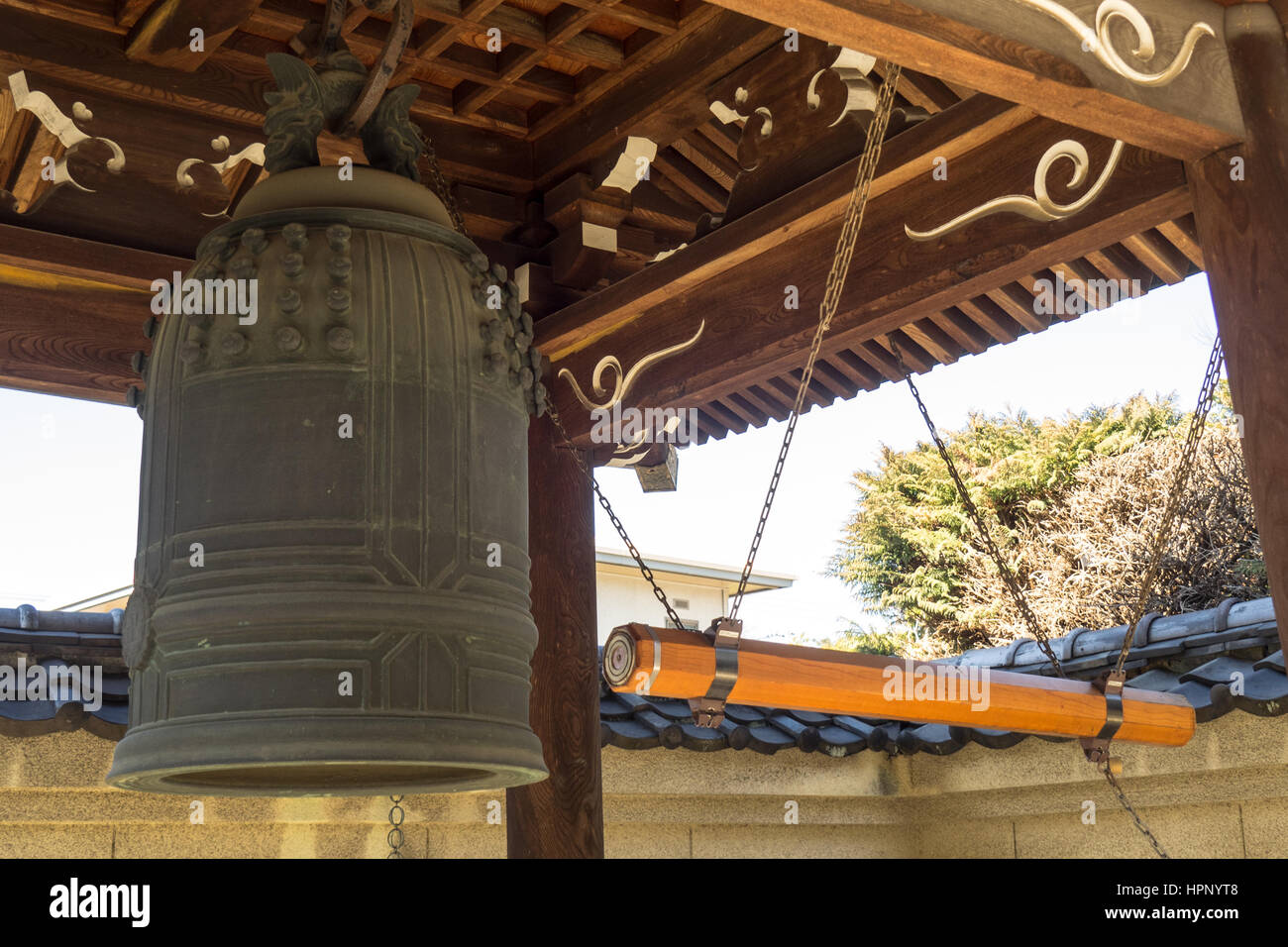 Suspended temple bell, bonsho, in a bell tower at Zennin-ji Temple ...